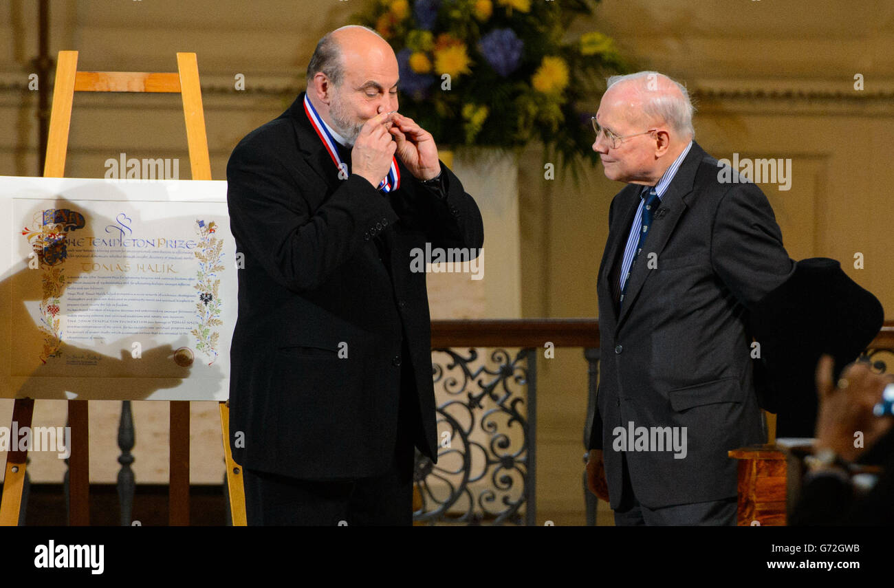 Monsignor Professor Tomas Halik (left) is awarded the Templeton Prize ...