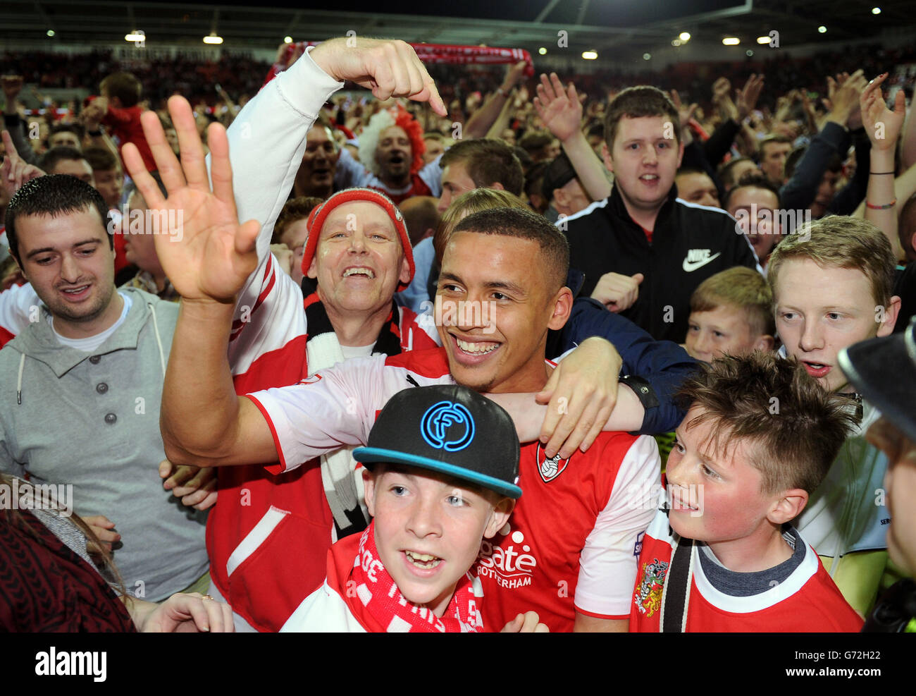 Rotherham United's James Tavernier celebrates with fans during the Sky ...