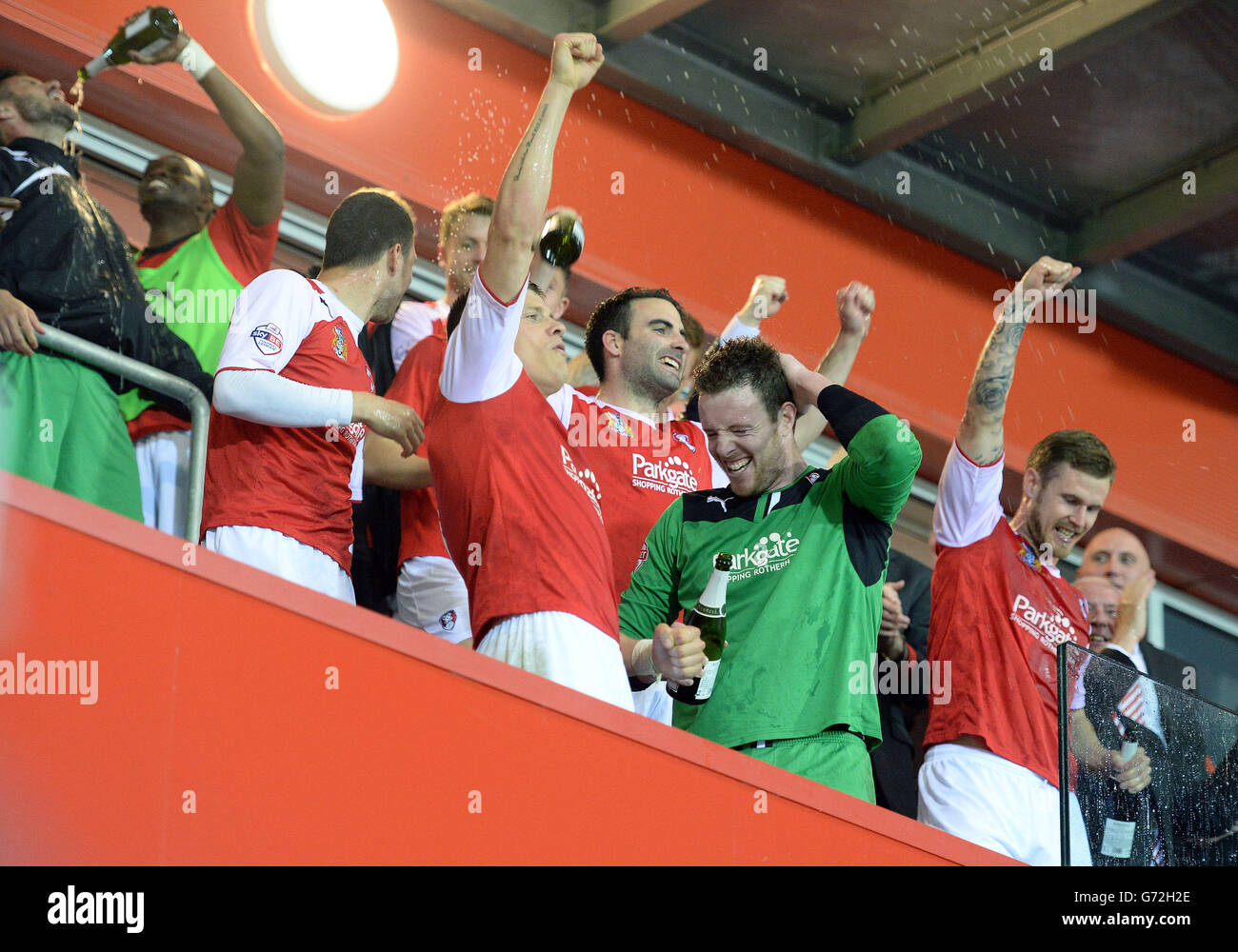 Rotherham United goalkeeper Adam Collin celebrates with team mates ...