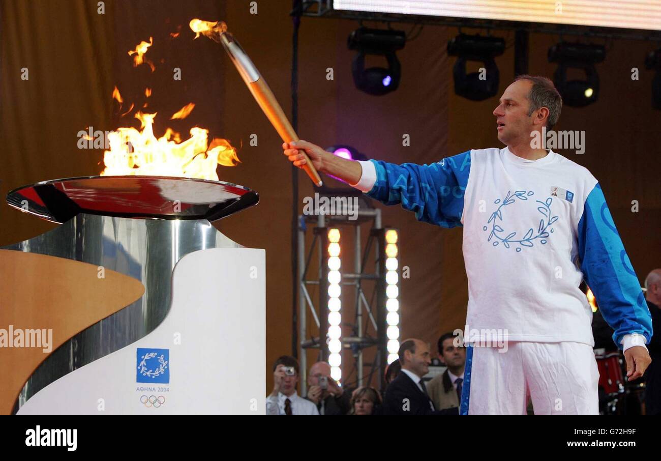 Sir Steve Redgrave arrives on stage to light the Olympic Cauldron on ...