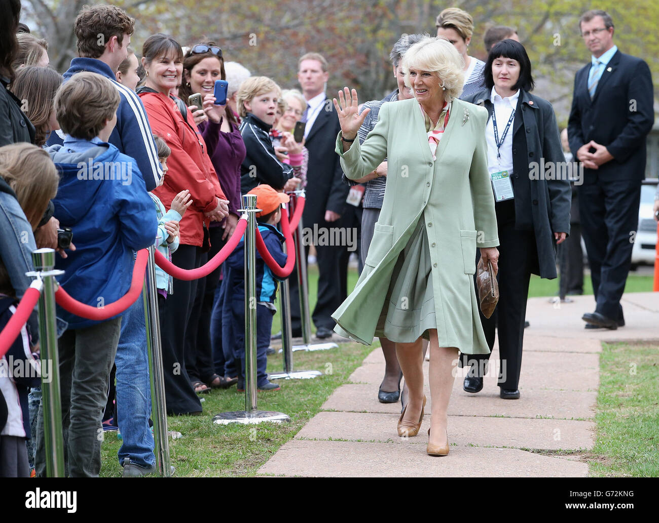 The Duchess of Cornwall waves as she leaves Immanuel Christian School ...