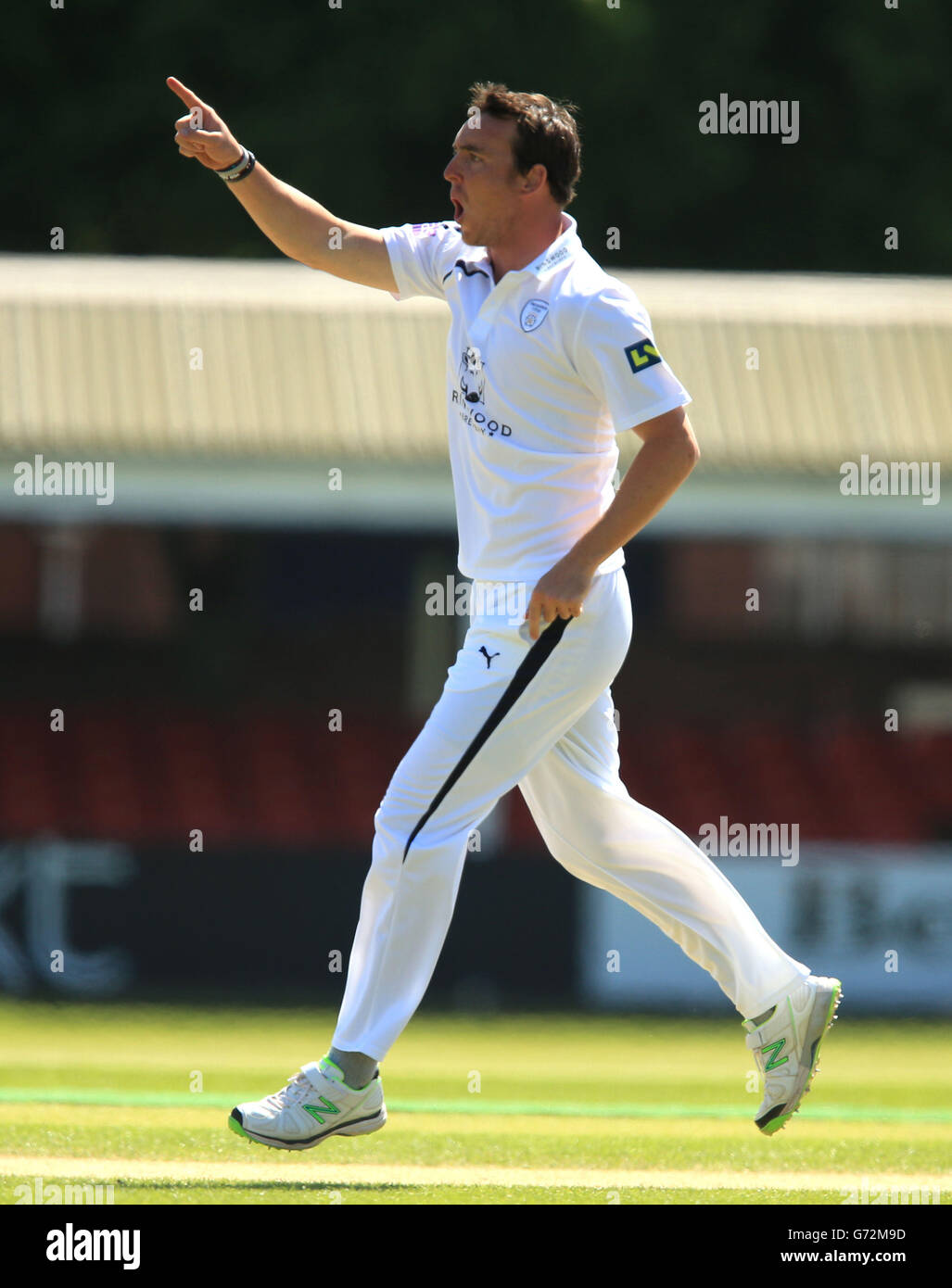 Hampshire's Kyle Abbott celebrates the wicket of Leicestershire's Angus ...