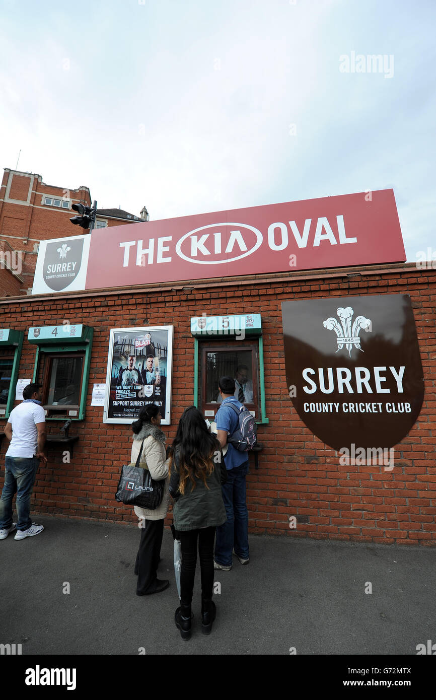 Spectators buy or collect their tickets at the Kia Oval ticket booths ...