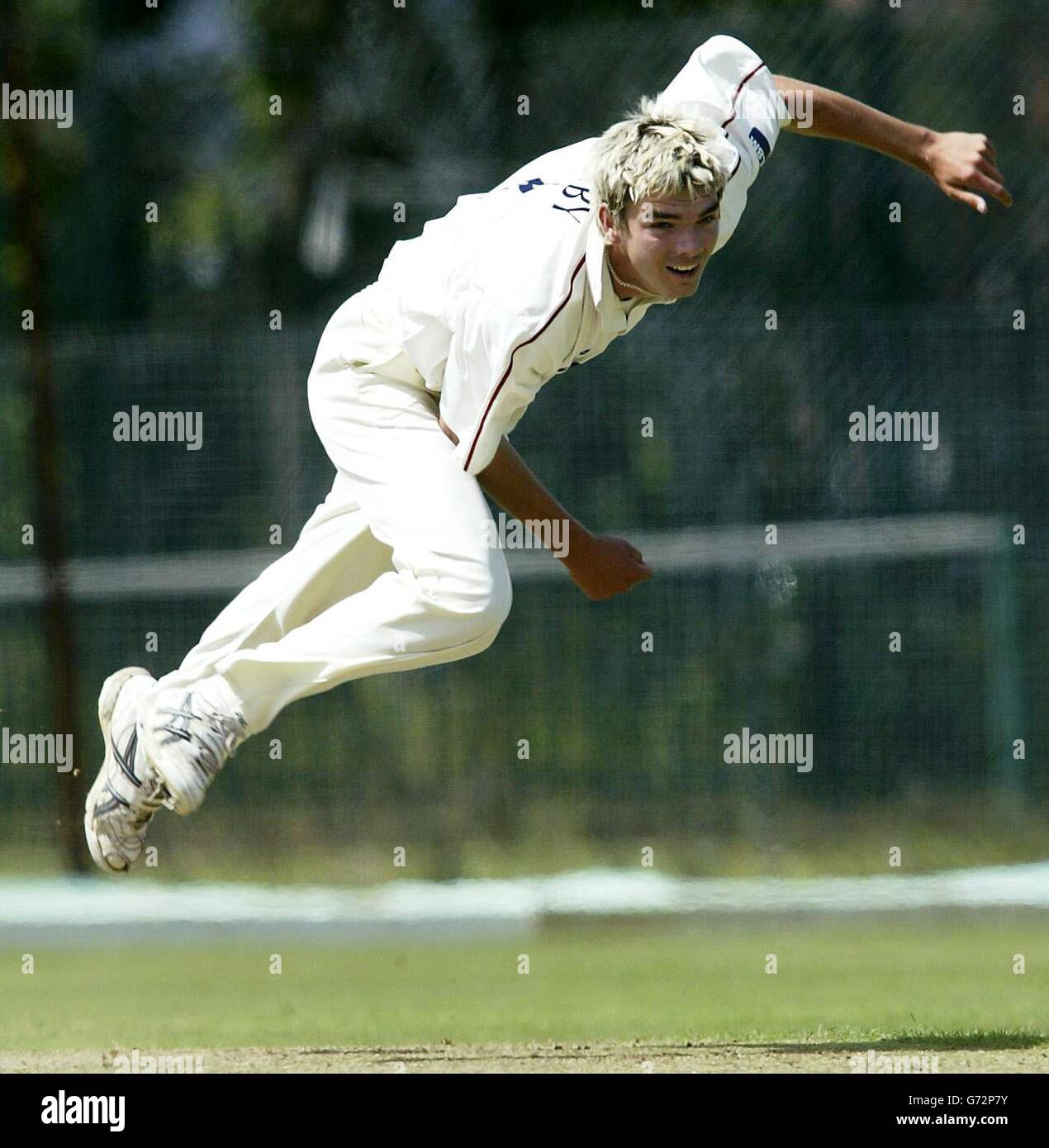 Lancashire debutant Oliver Newby bowls against Northamptonshire during ...