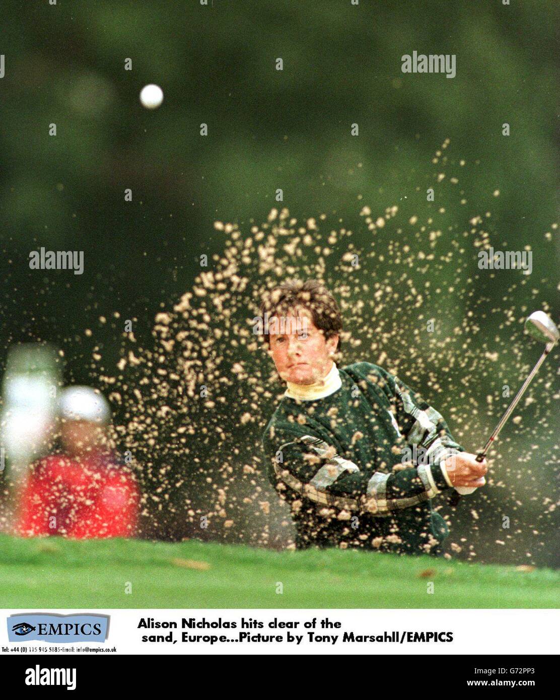 Alison Nicholas hits clear of the sand, Europe. Picture by Tony ...