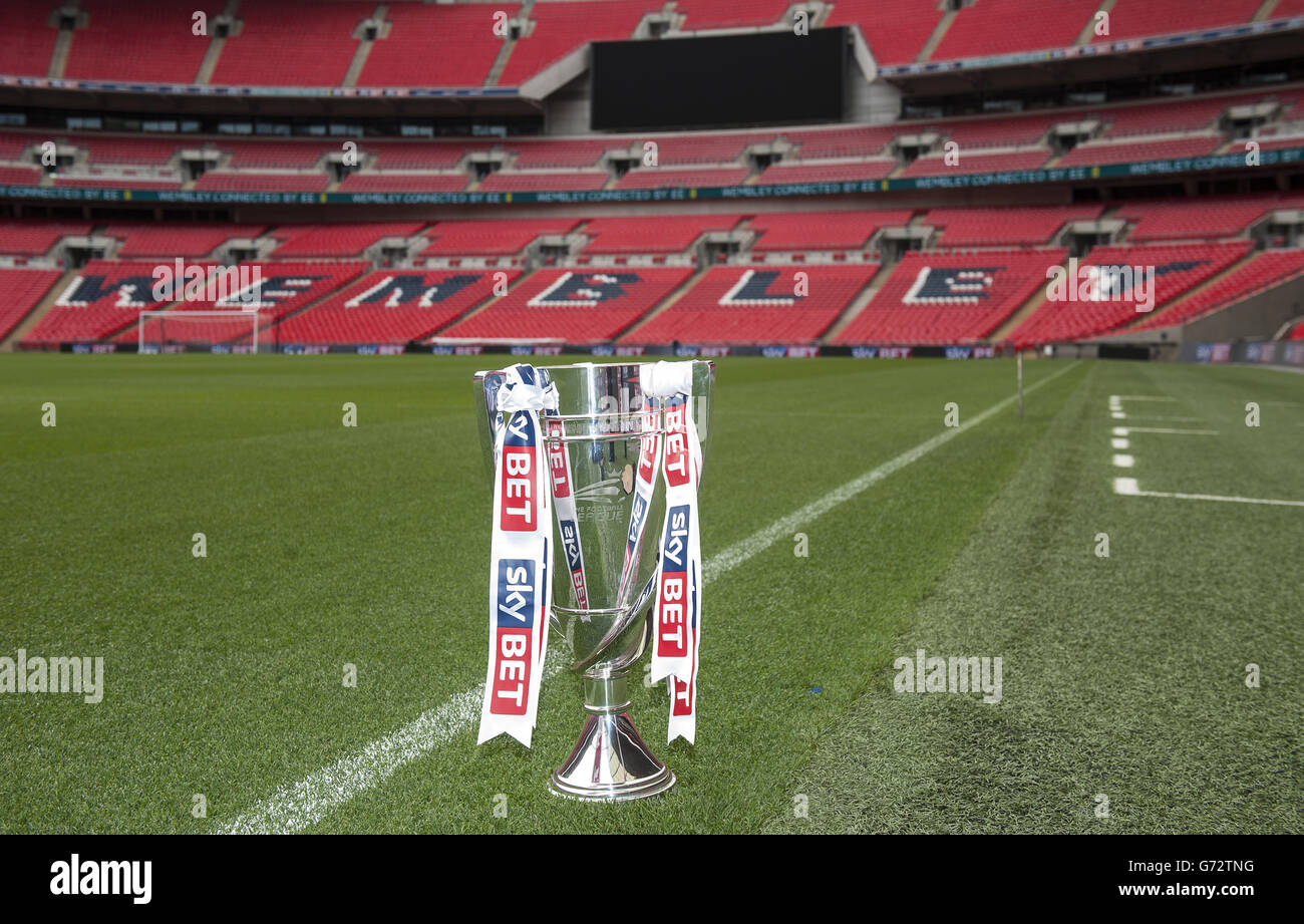 The Championship Play Off Final Trophy pitch side at Wembley Stadium ...