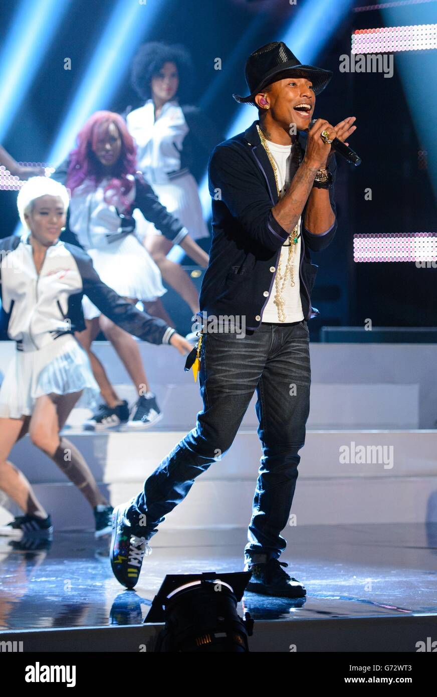 Pharrell Williams performs during a recording of the Graham Norton Show ...