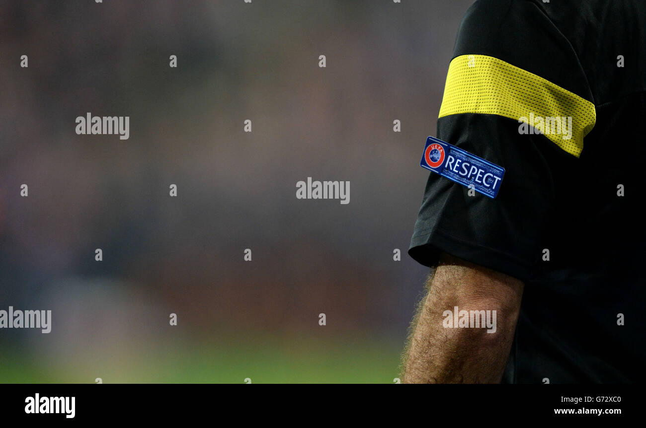 Detailed close up view of an UEFA Respect badge on the sleeve of the ...