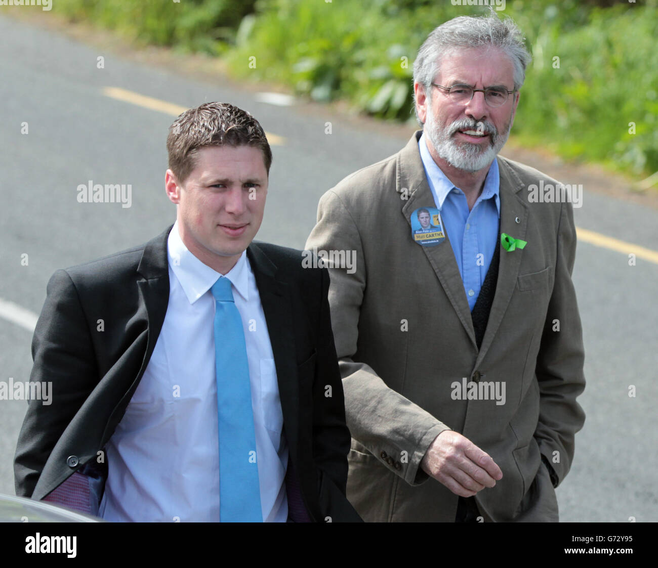 Gerry Adams TD (right), accompanied by MEP Candidate Matt Carthy ...