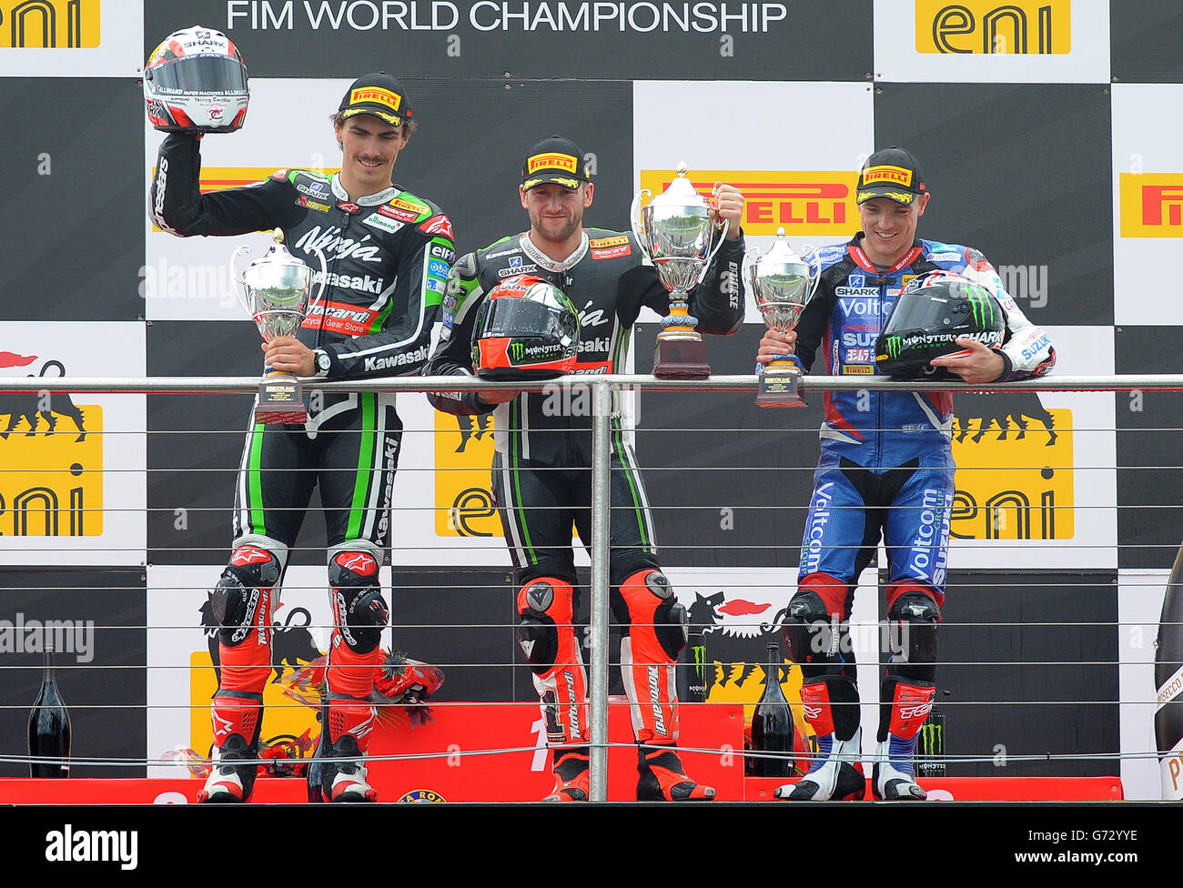 Loris Baz, Tom Sykes and Alex Lowes (from left to right) stand on the ...