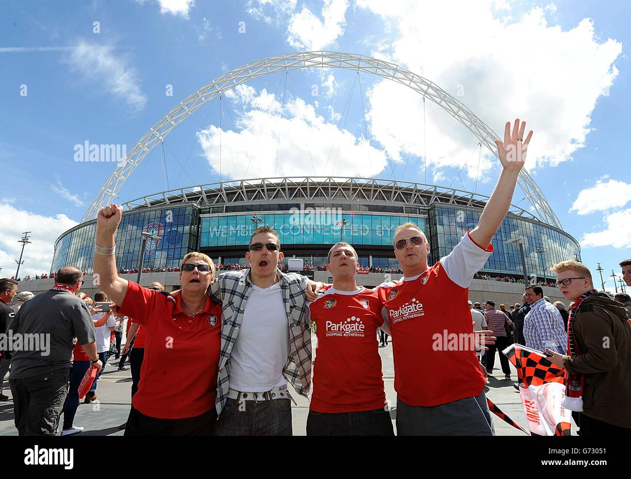 Rotherham United fans pose for a picture outside Wembley Stadium Stock ...