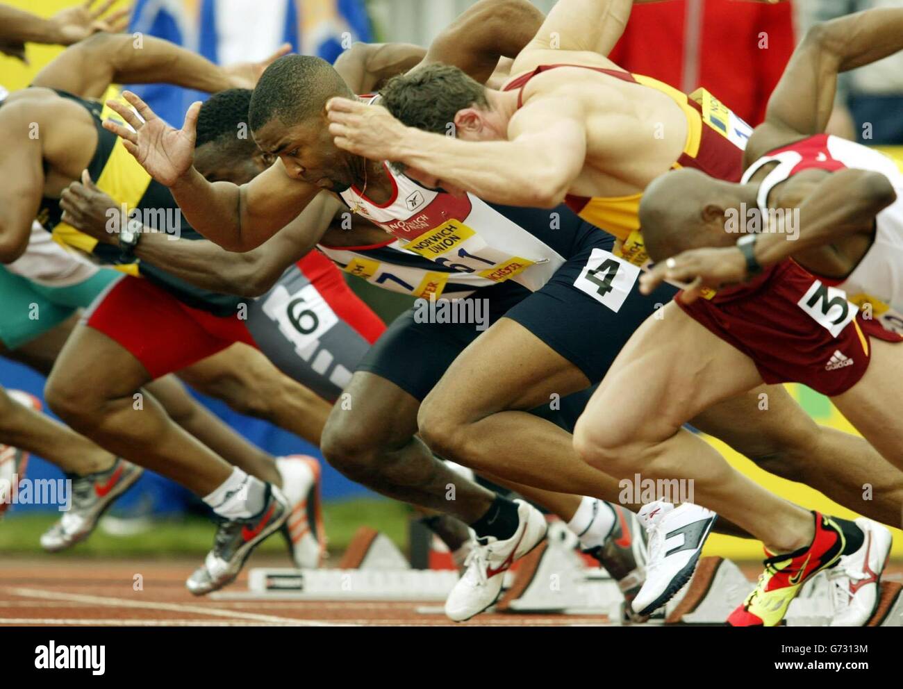 Darren Campbell (number 4) in action during the 100 metres heats on day ...