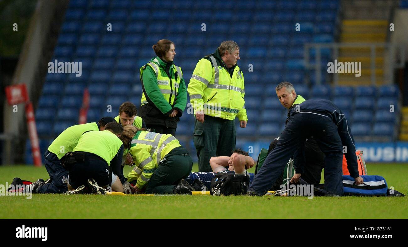 Bristol Rugby's Ryan Jones receives treatment for an injury during the ...