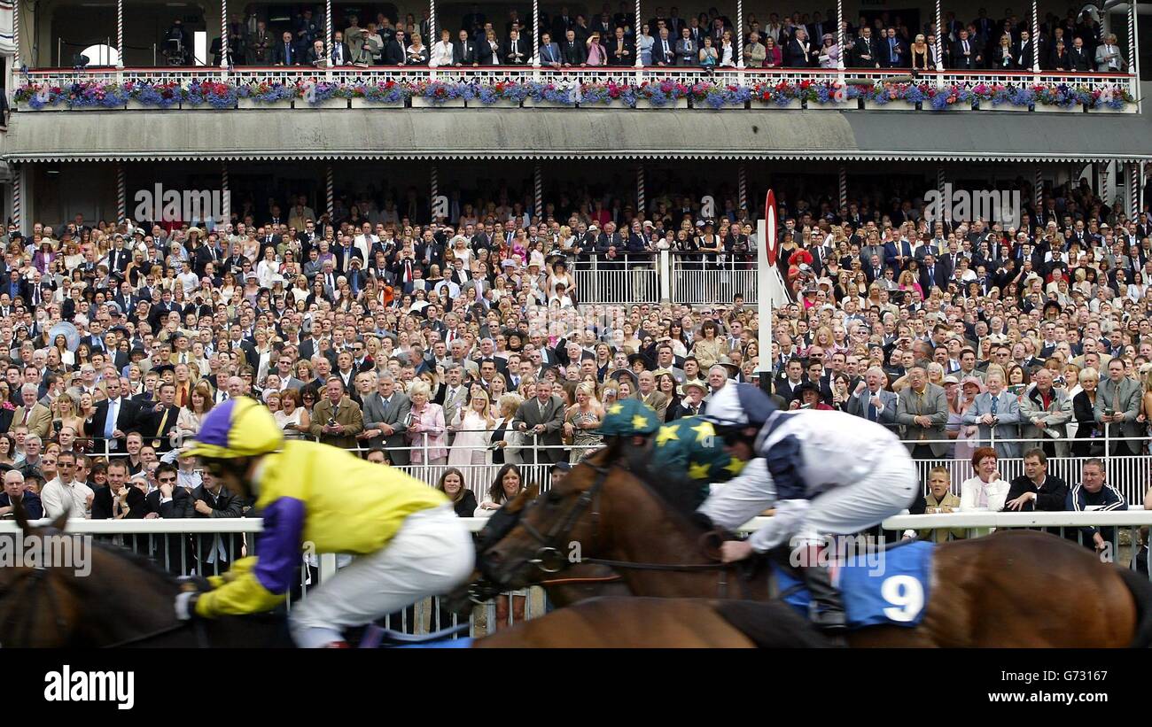A packed County stand at York racecourse watches the runners and riders ...