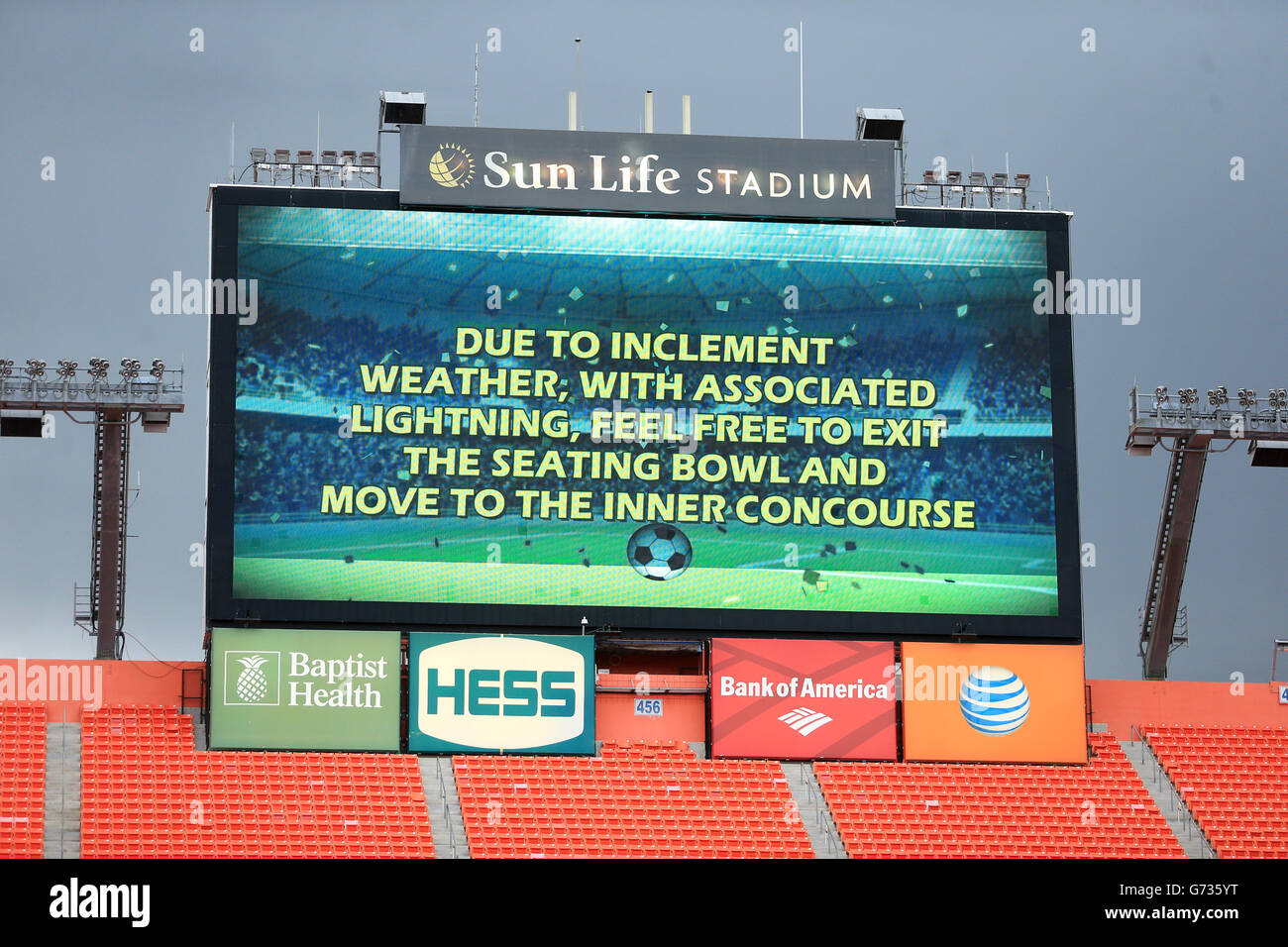 A message to fans on the giant screen as an electrical storm halts play ...