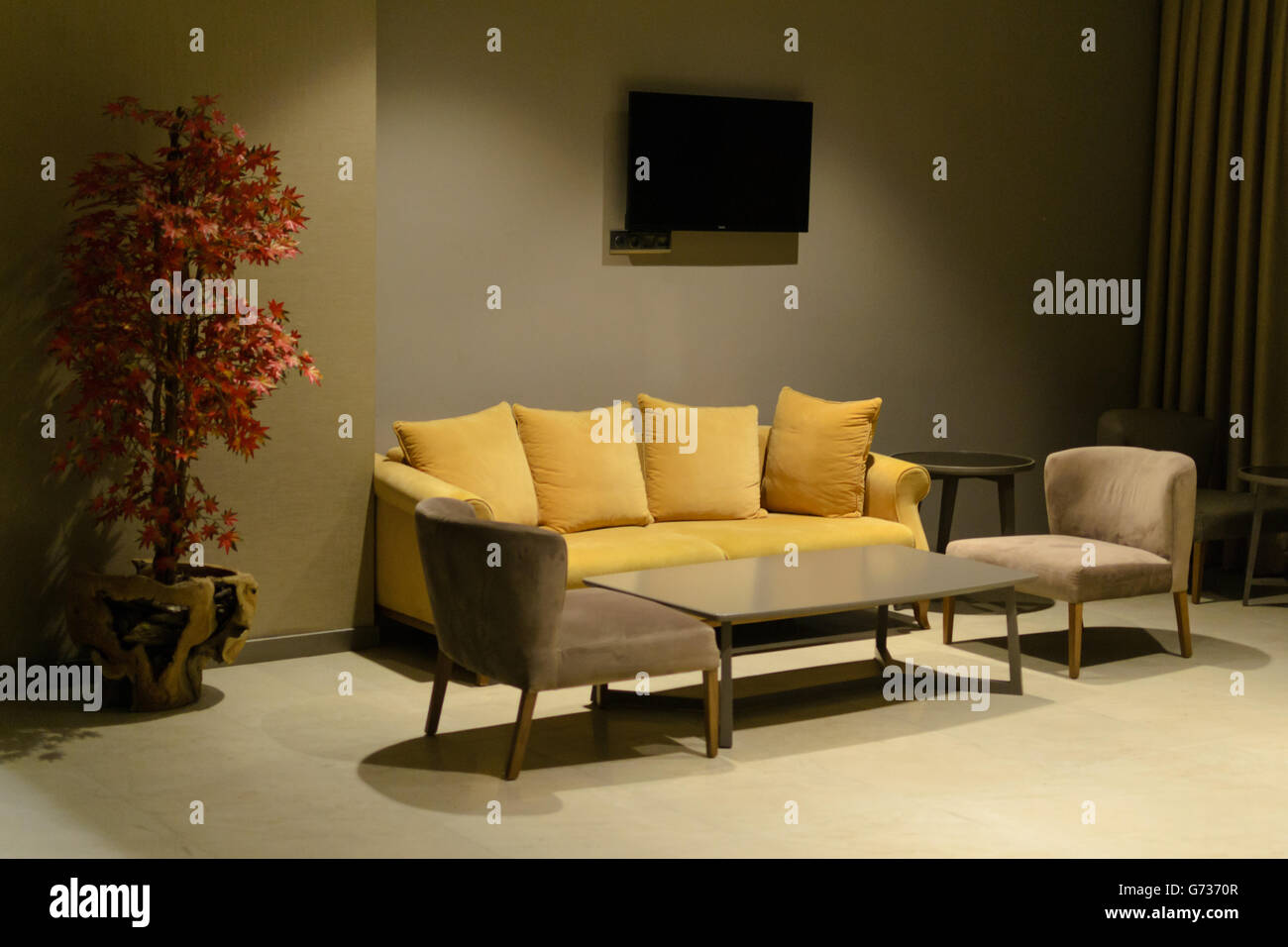 evening interior sofa and armchair TV table night photo Stock Photo - Alamy