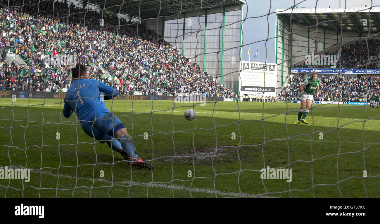Hamilton goal keeper Kevin Cuthbert saves a penalty from Hibernian's ...
