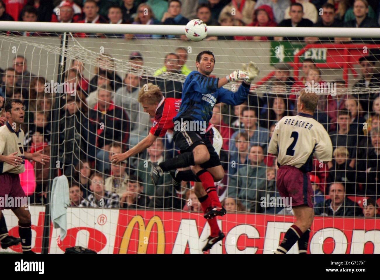 Steve Mautone, West Ham United clears from Alf Inge Haaland, Nottingham ...
