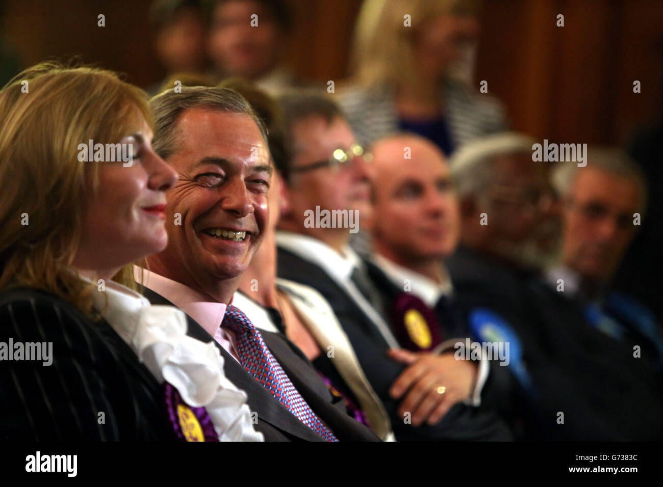 UK Independence Party leader Nigel Farage smiles as he hears the ...