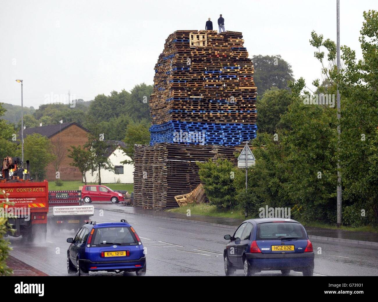 Work progesses at the bonfire in Belfast at the Belvoir estate ...