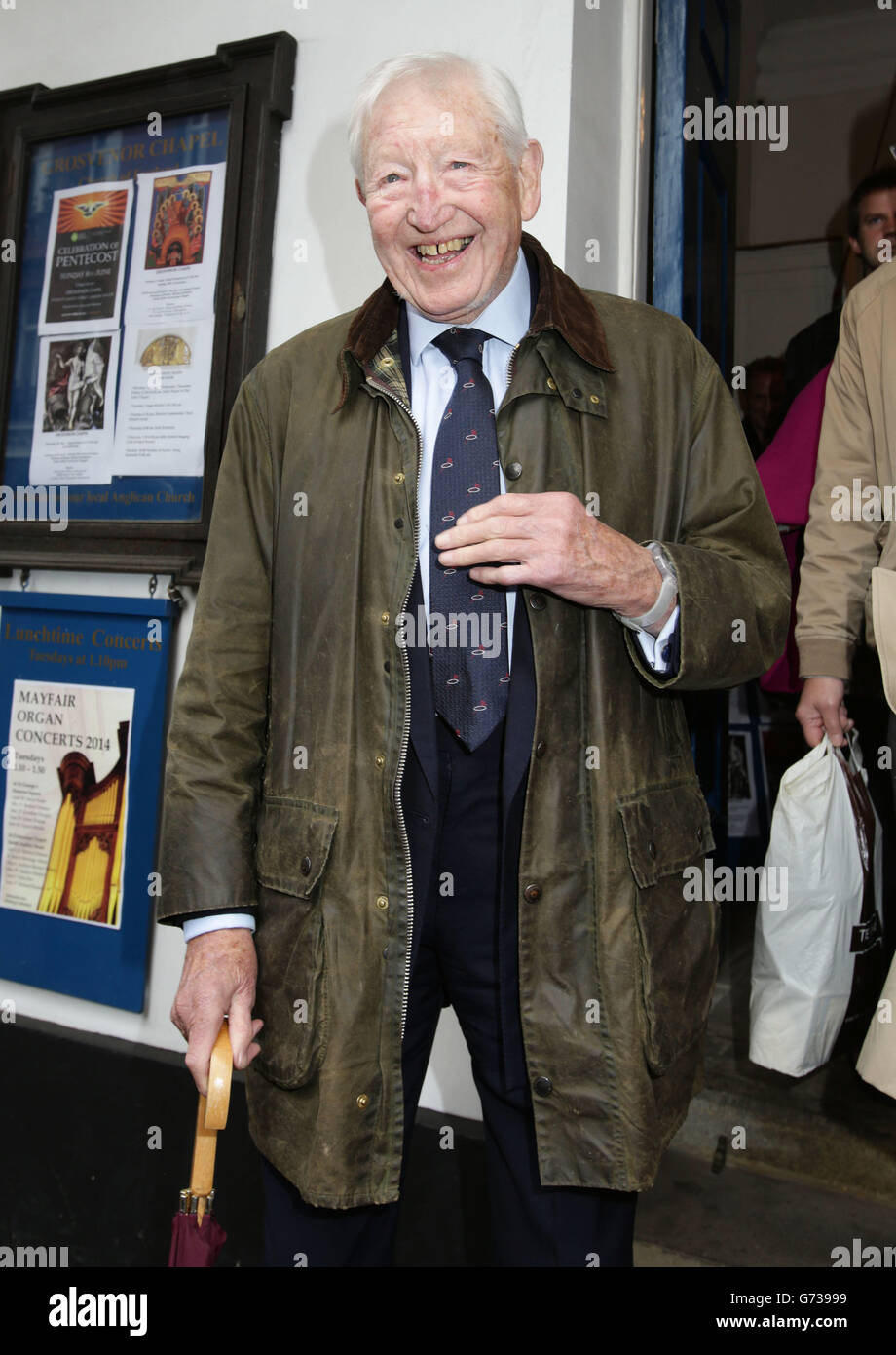Sandy Gall after attending a memorial service for Alan Whicker at ...