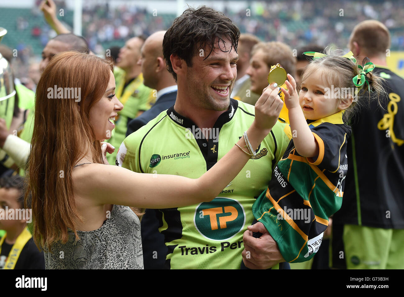 Northampton Saints' Ben Foden celebrates with his wife Una Healy and ...