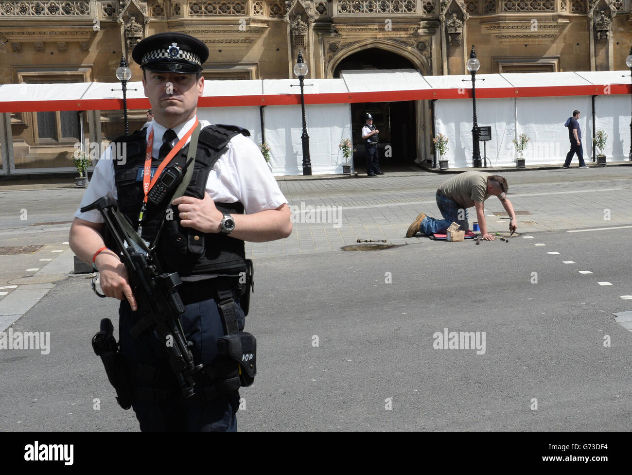 Security preparations take place at the Palace of Westminster in London ...