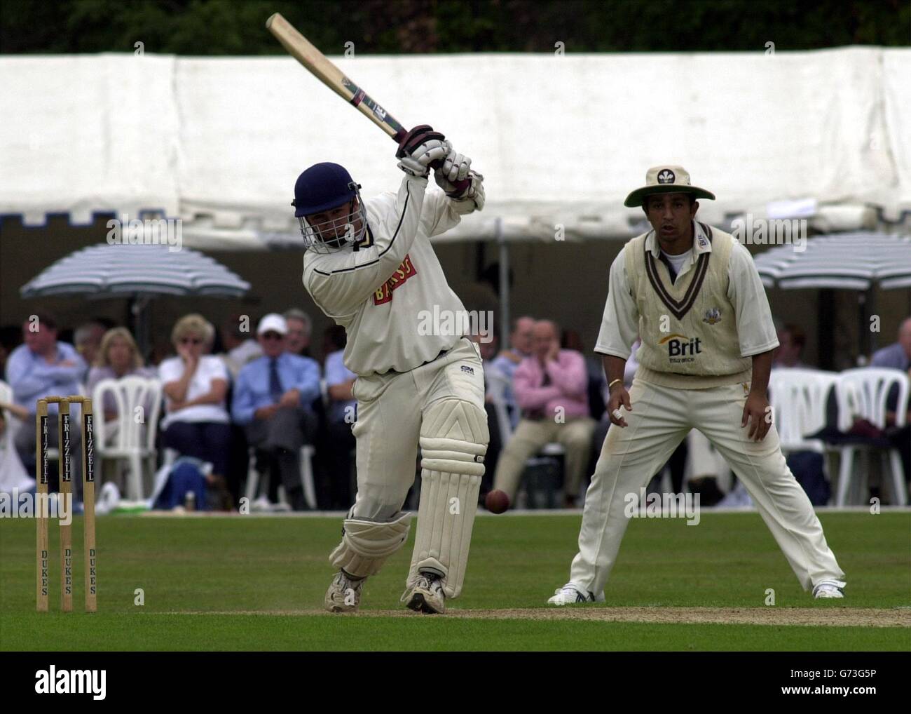 Warwick batsman Mike Powell on his way to a score of 110 during the ...