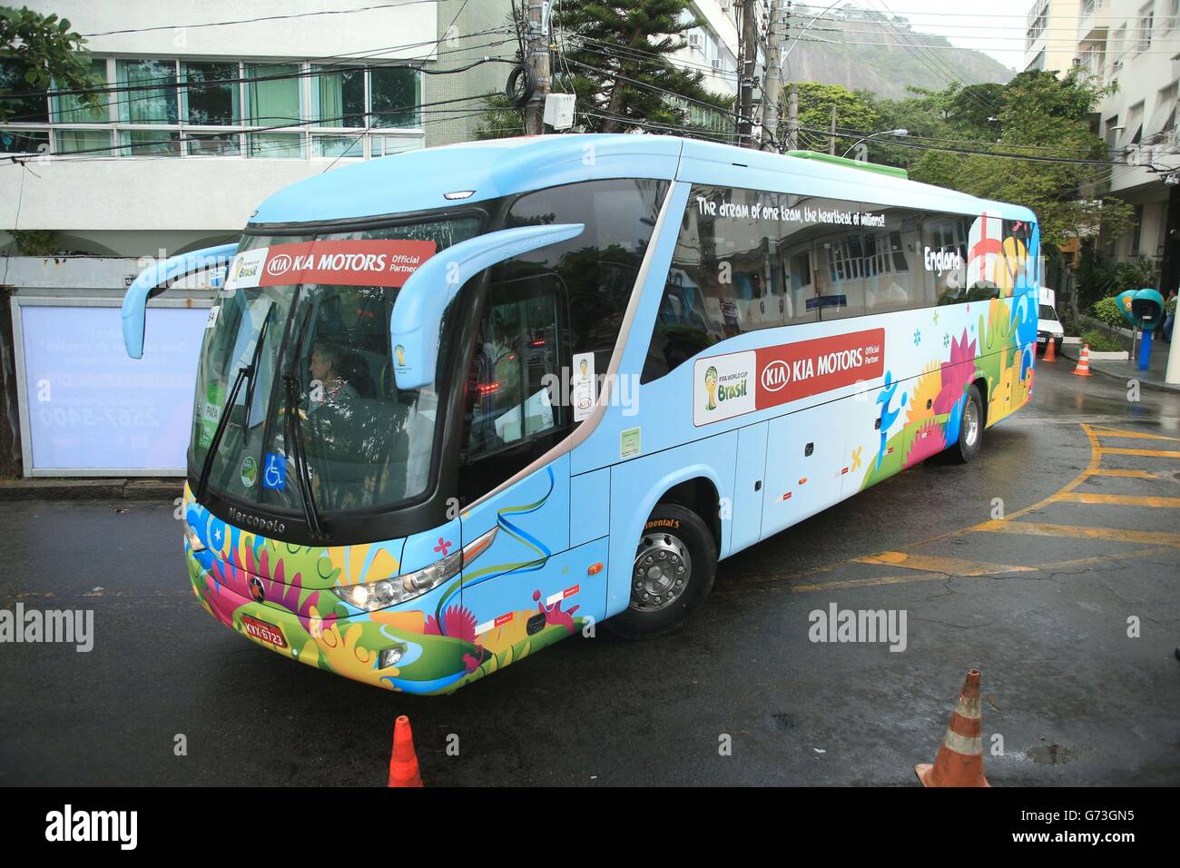 The England team bus arrives at Urca Military Training Ground, Rio de ...