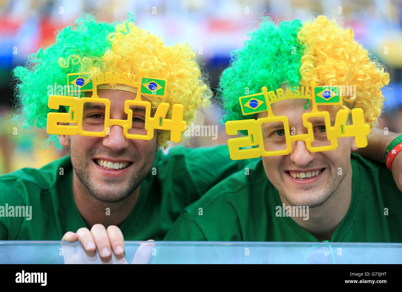 Brazil fans in the stands at the Arena Corinthians in the build up for ...