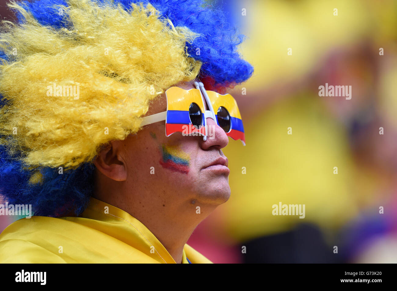 An Ecuador fan shows his support in the stands before the game Stock ...