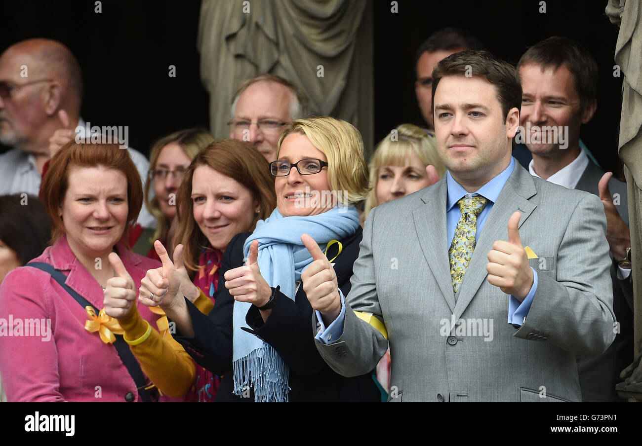 Comedian Jason Manford (right) gives a thumbs up sign at the end of a ...