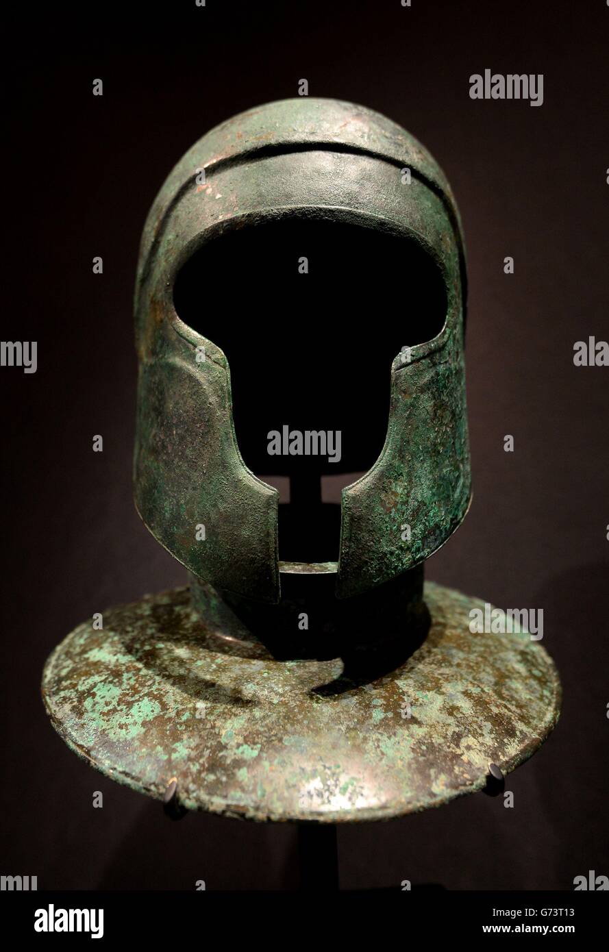 An Ancient Samnite helmet and guard circa 200 BC on display during a ...