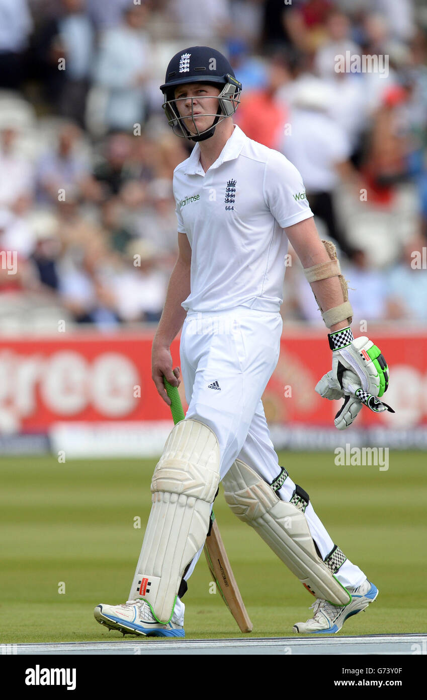 England's Sam Robson leaves the field after being caught behind on 1 ...