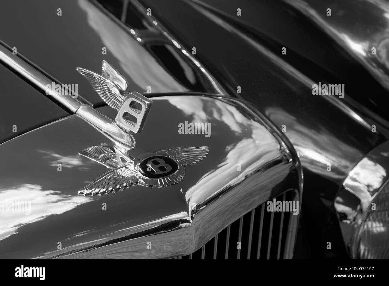 Close up of the front of a Red Bentley featuring the Bentley Badge ...