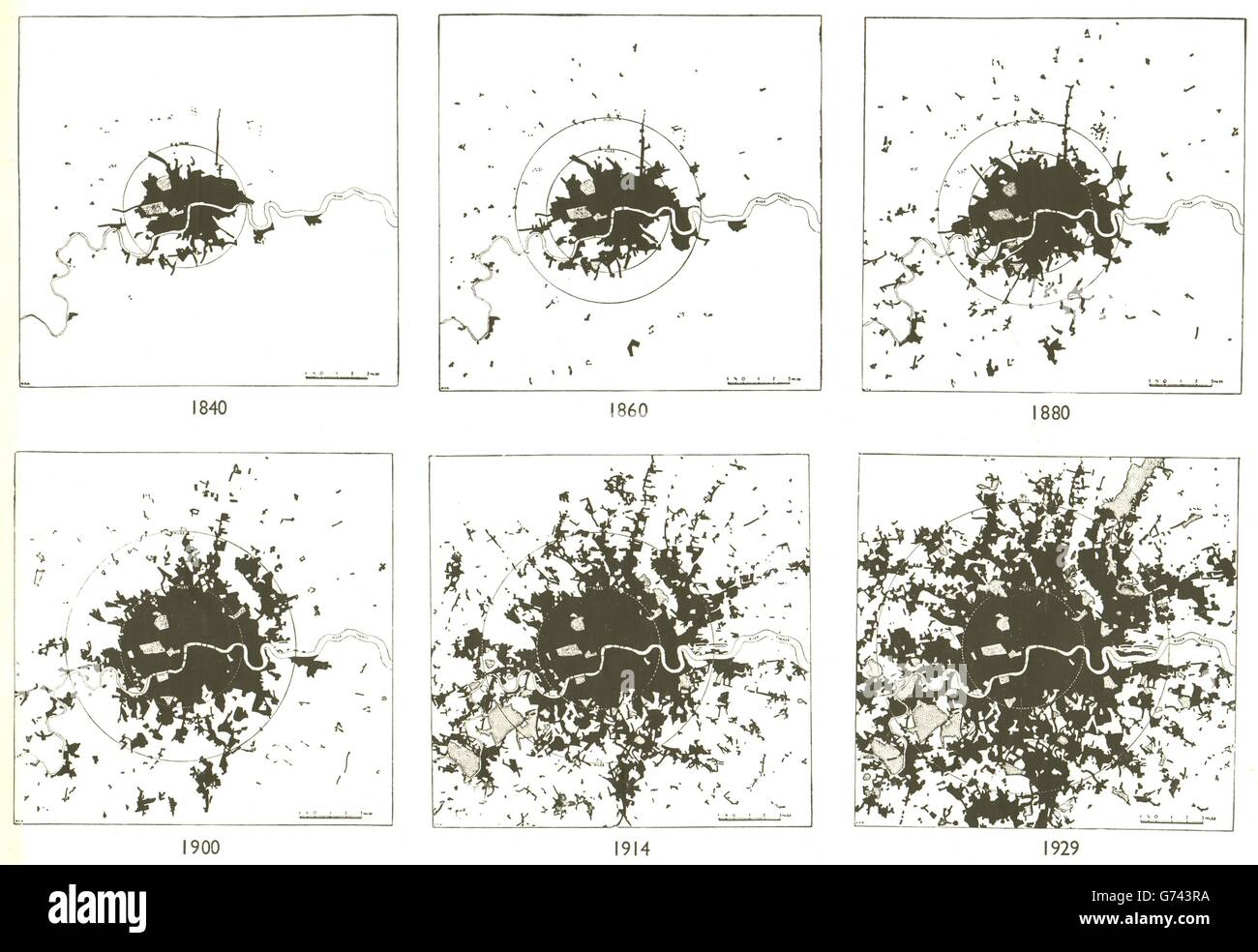 LONDON GROWTH: Urban sprawl 1840-1929.Greater London Plan. ABERCROMBIE ...