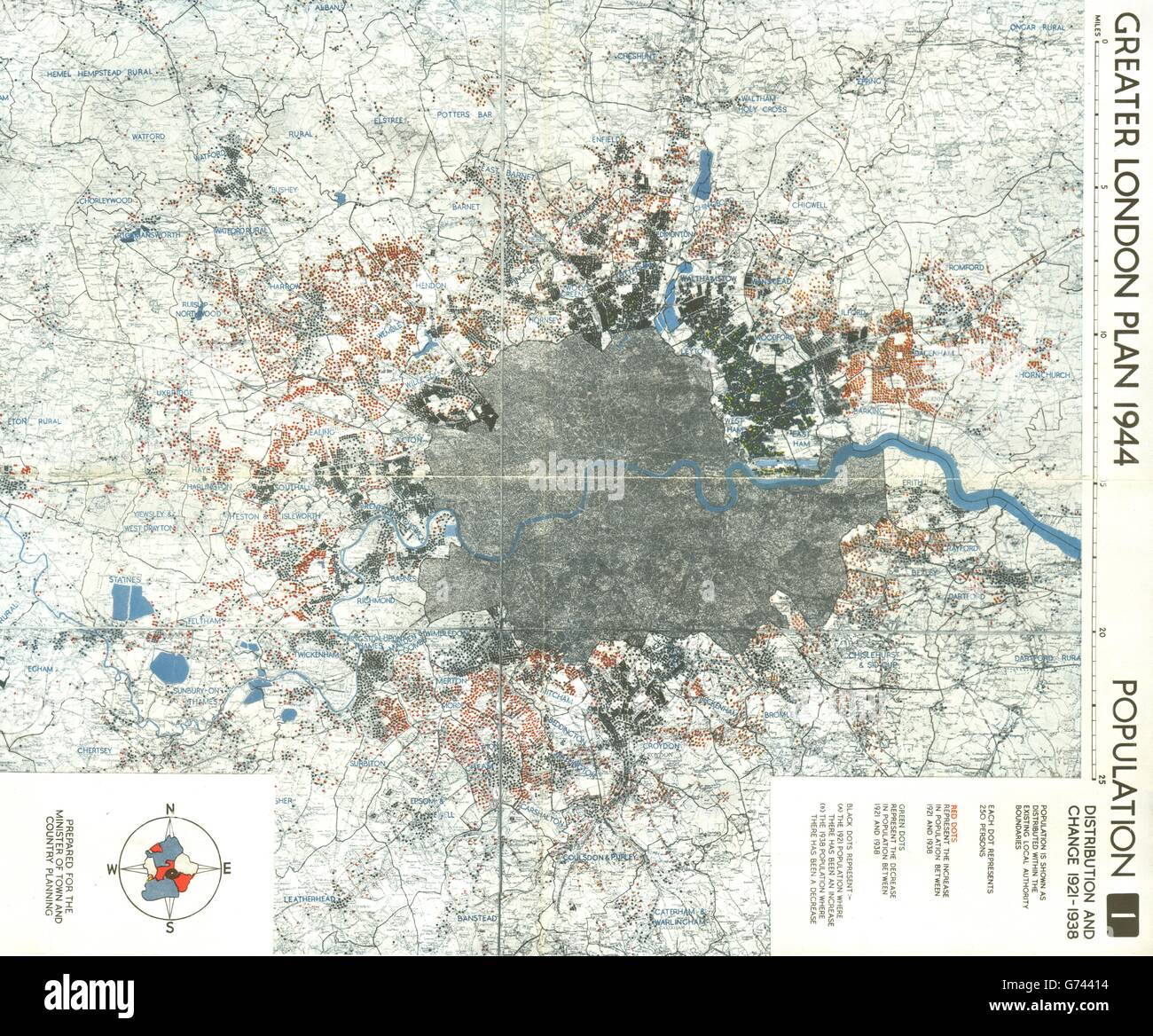 GREATER LONDON. Population change up/down 1921-1938. ABERCROMBIE, 1944 ...