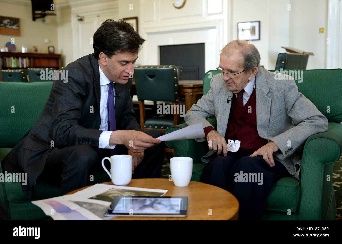 Labour leader Ed Miliband (left) meets D-Day Veteran Mark Radley, 89 ...