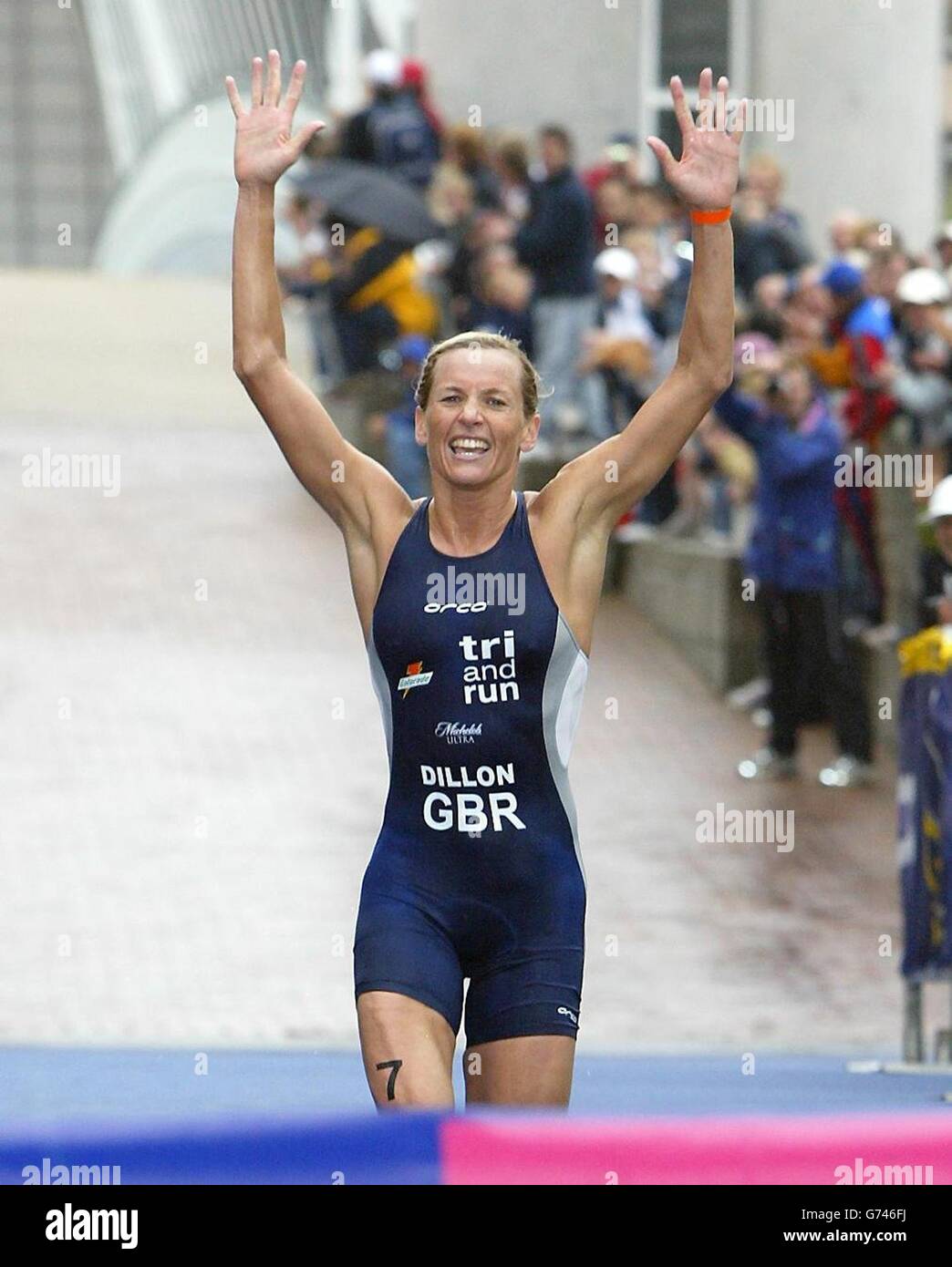 Michelle Dillon celebrates winning the Womens Elite Salford Triathlon ...