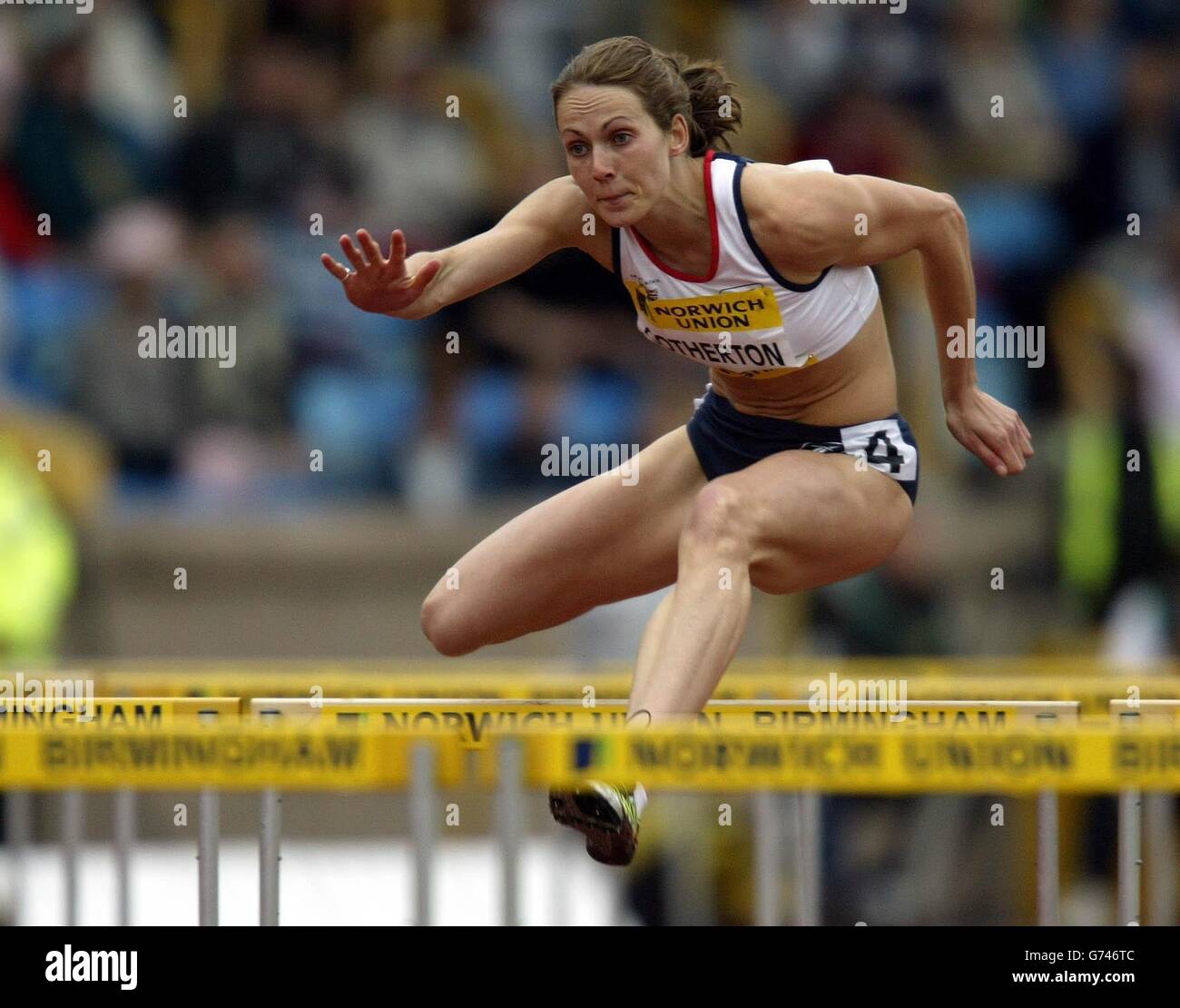 Heptathlete Kelly Sotherton competing in the 100 metres hurdles during ...