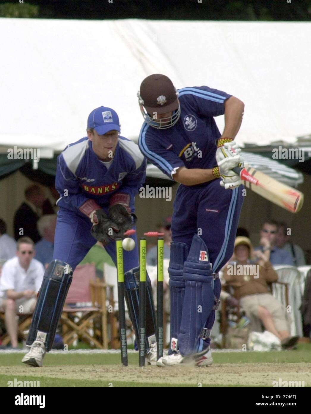 Surrey batsman James Benning is bowled by Warwickshire's Brad Hogg for ...