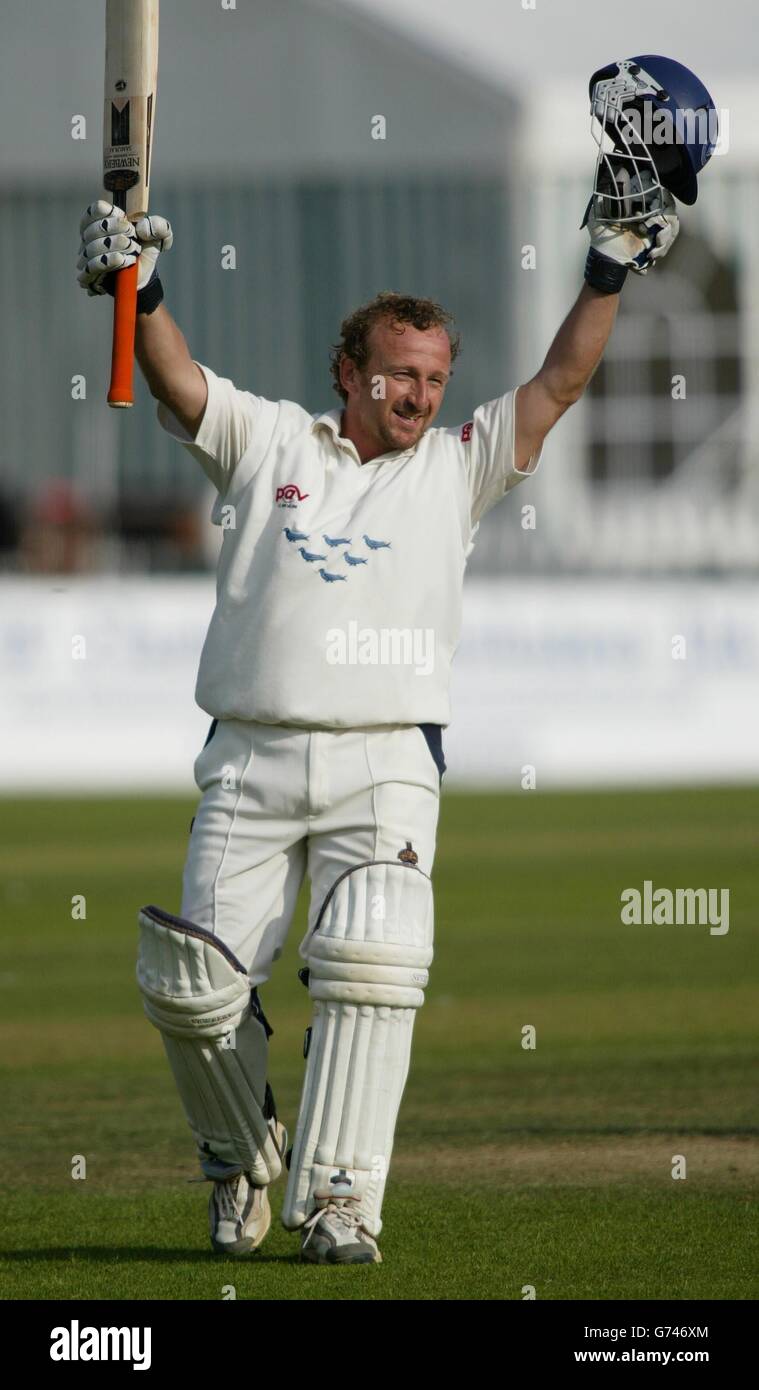 Sussex batsman Tony Cottey celebrates his century against Kent, during ...