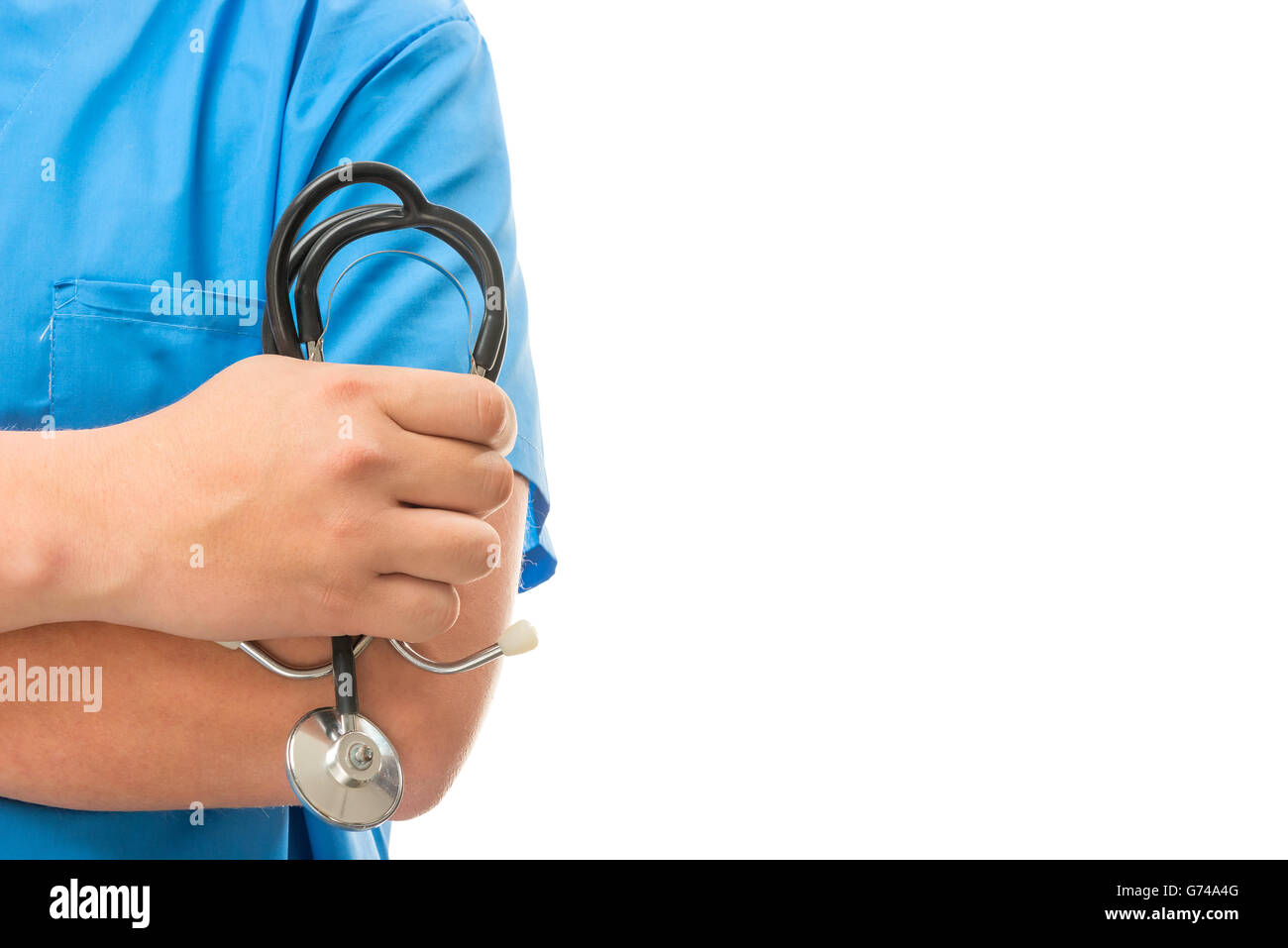 hand with a stethoscope close-up and space for inscription on the right ...