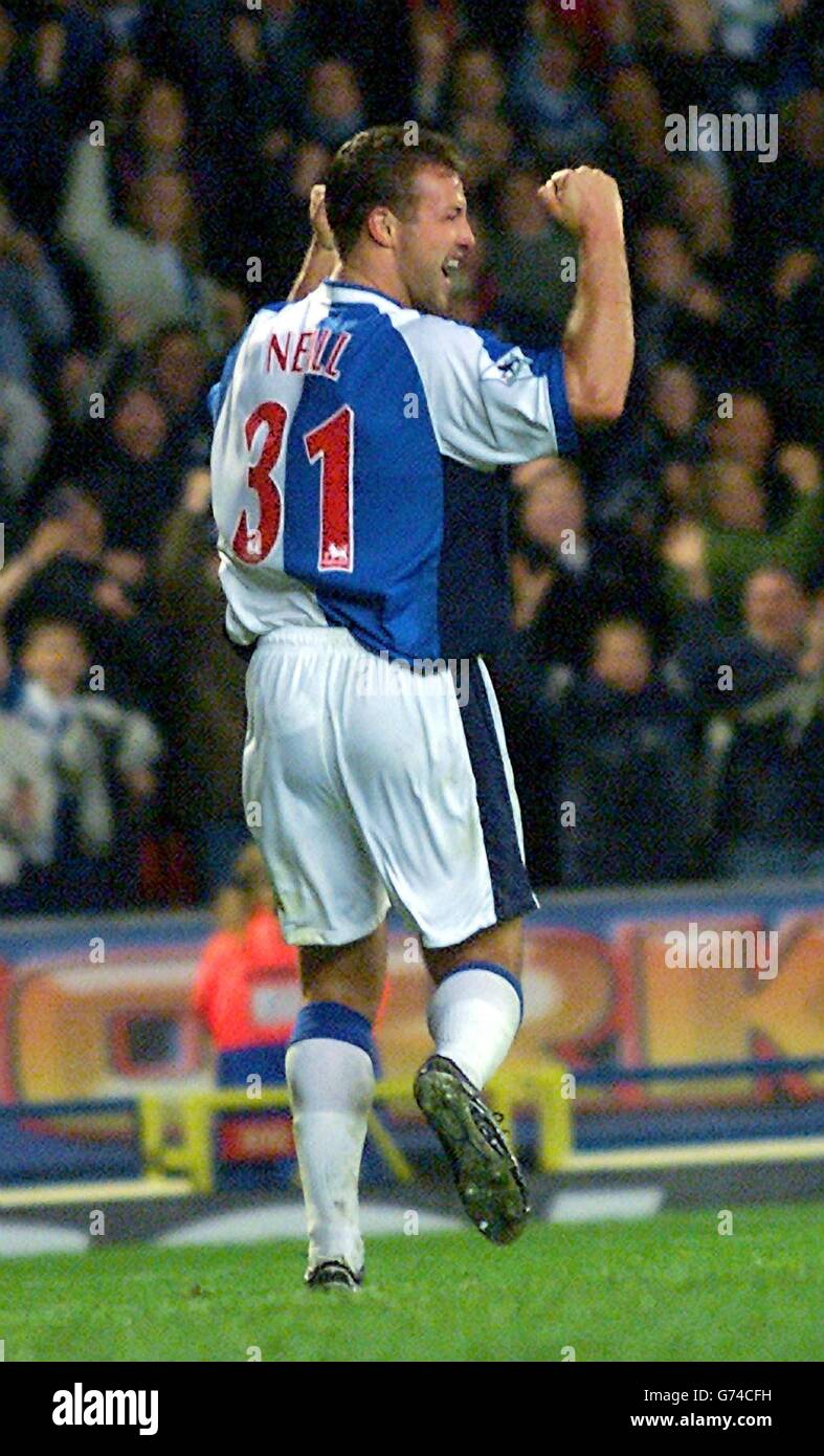 Blackburns Rovers' Lucas Neill celebrates his goal against Bolton ...