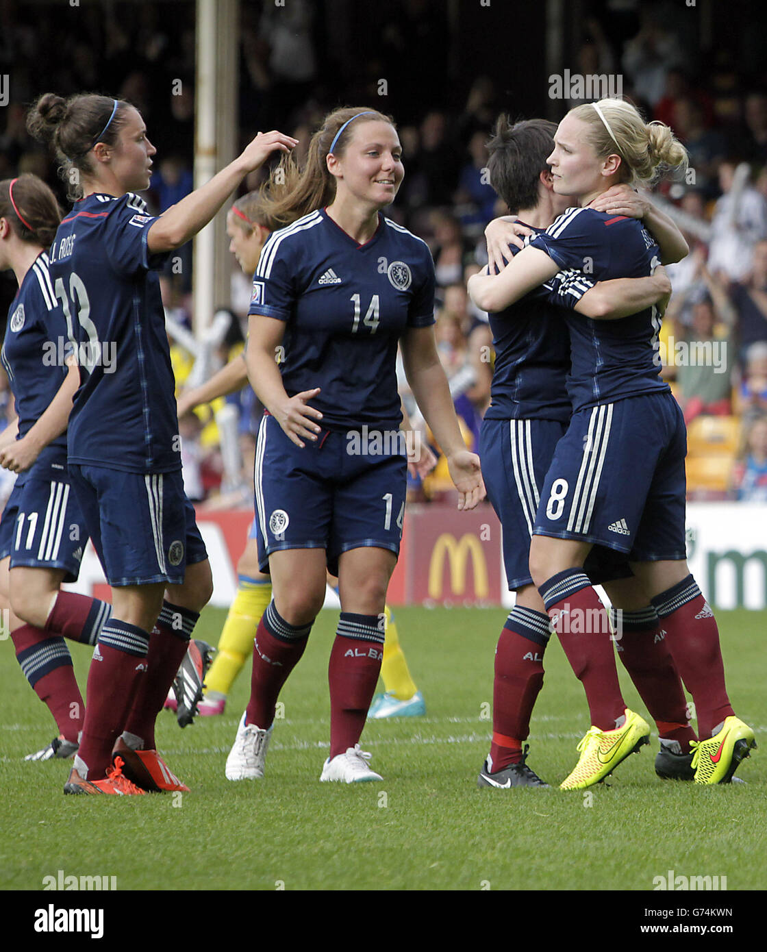 Scotland's Kim Little (right) celebrates her goal with team mates ...