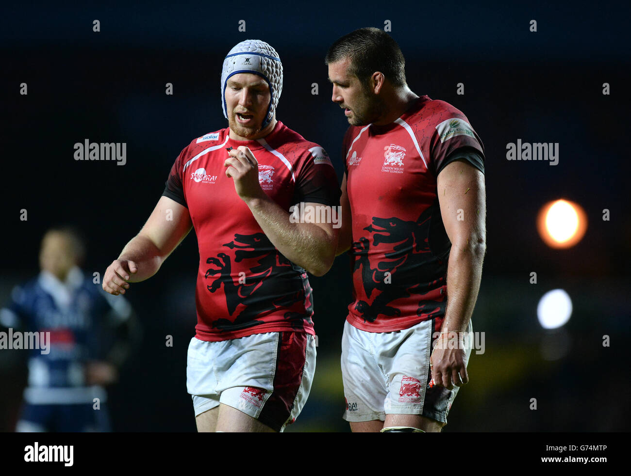 London Welsh's Matt Corker (right) and Ben West chat during a break in ...