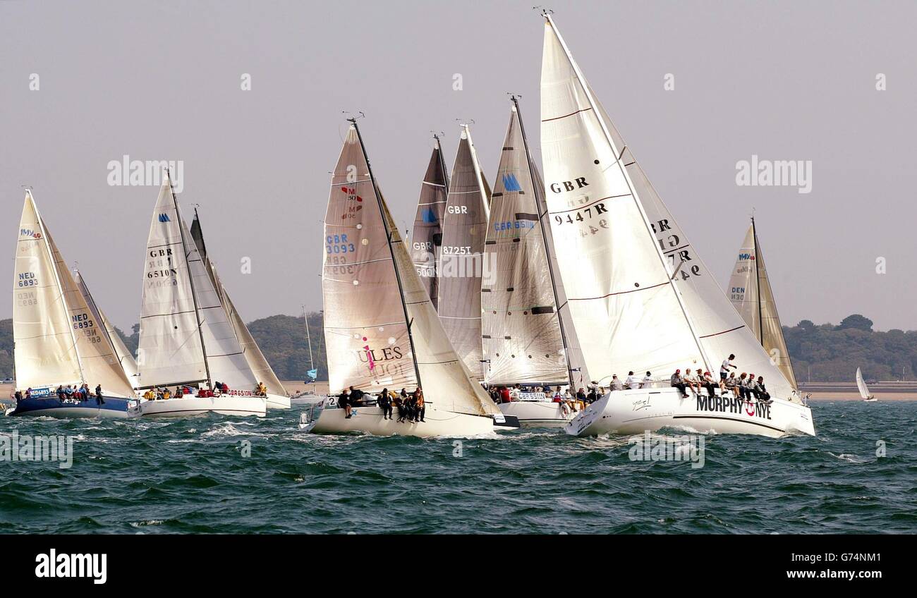 The class 2 yachts get underway on the Solent near the Isle of Wight ...