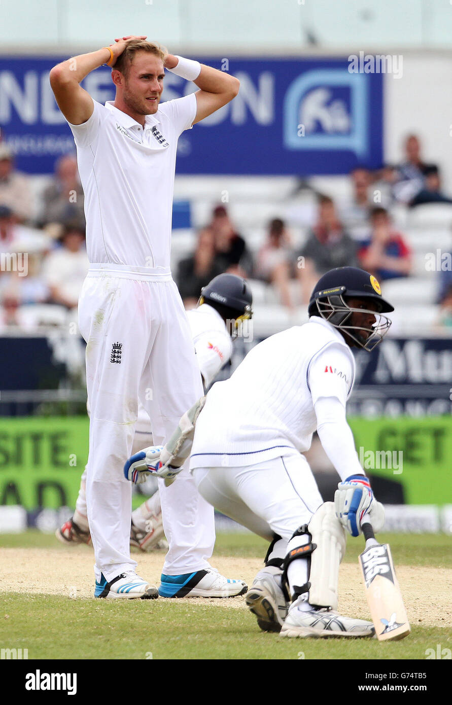 England's Stuart Broad reacts as Sri Lanka's Angelo Mathews hits ...