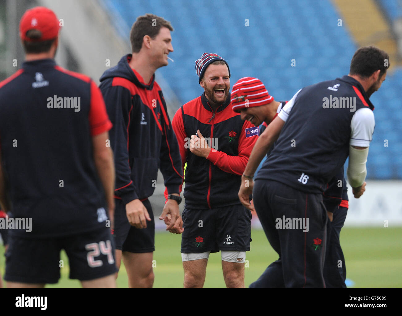 Lancashire Lightning's Arron Lilley shares a joke with teammates before ...