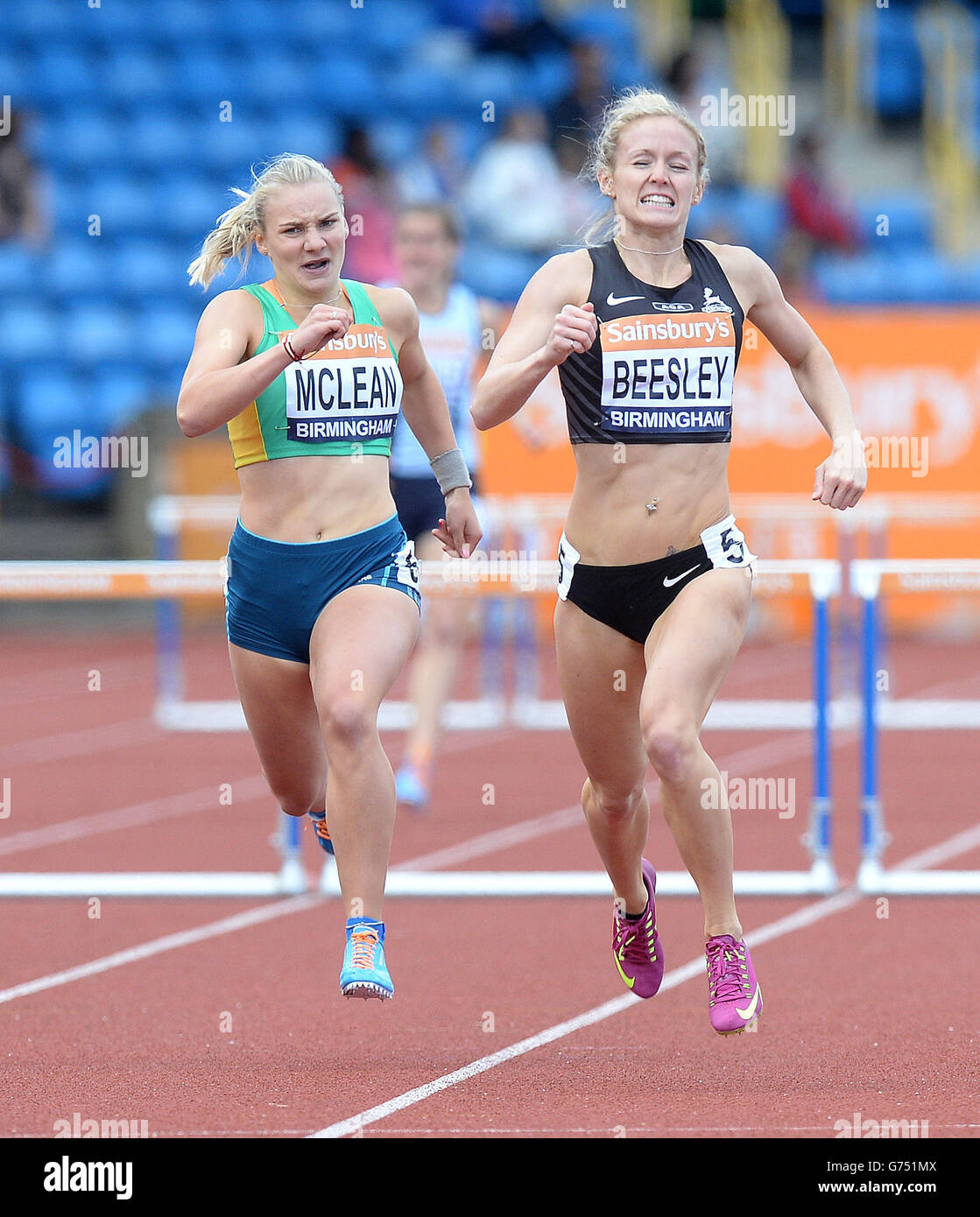 Haley McLean battles with Meghan Beesley during the Womens 400m Hurdles, during the Sainsbury's ...